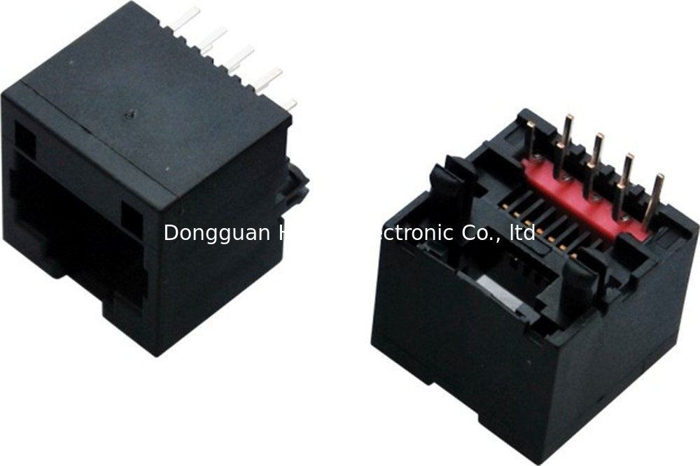 Right angle 1x2 multi-port RJ45 Jacks, unshielded, without EMI fingers, optional LED