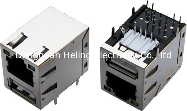 RJ45 Jack integrated with single USB, Tab-up, built-in LED, shielded with EMI fingers