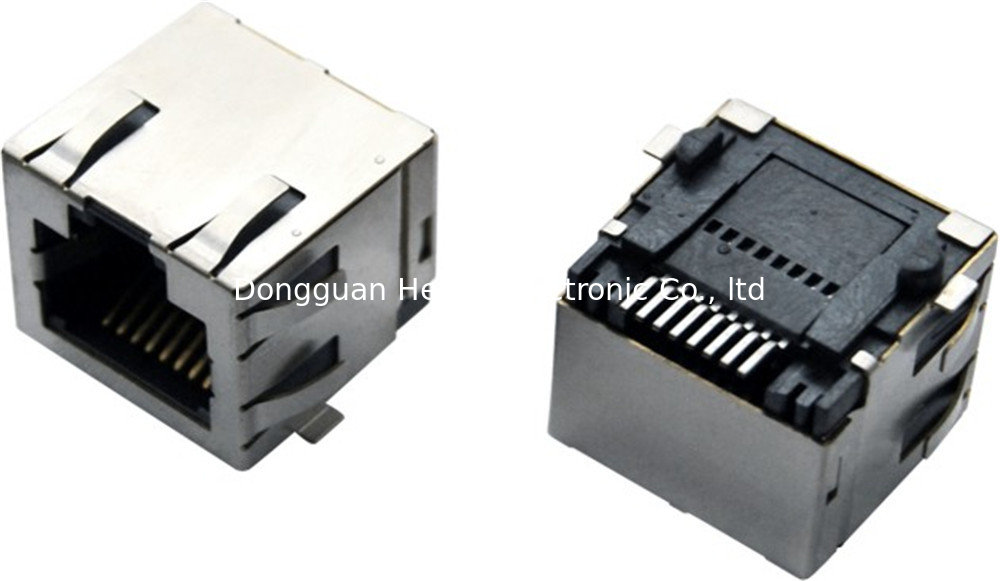 8p8c RJ45 connector, right angled, SMT, tab-up, shielded with EMI fingers