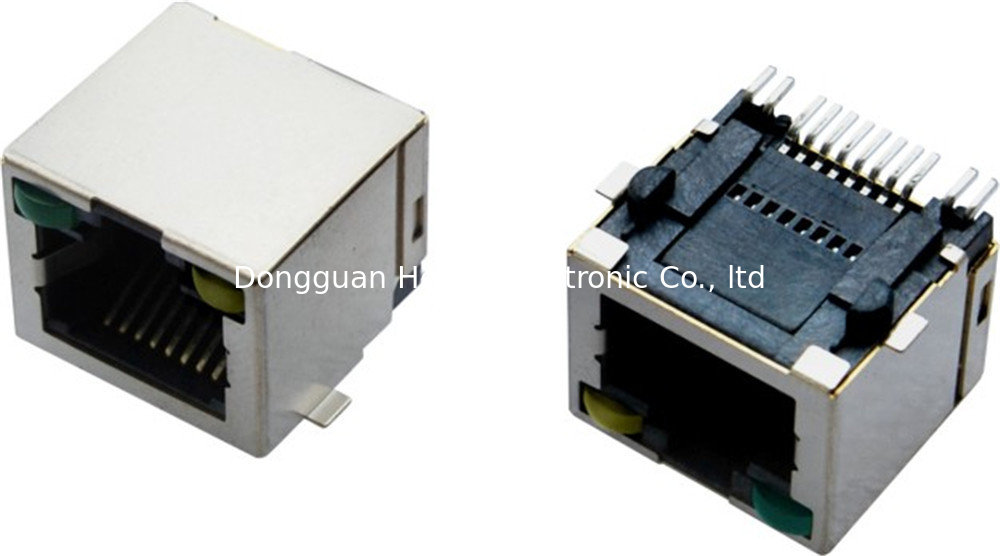 8p8c RJ45 connector, right angled, SMT, tab-up, shielded, with LEDs