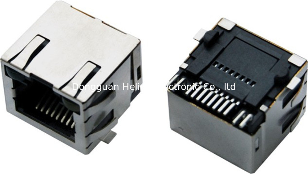 8p8c RJ45 connector, right angled, SMT, tab-up, shielded with EMI fingers, with LEDs