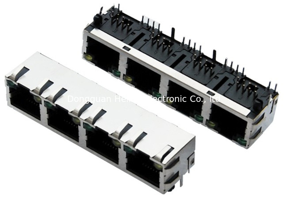 1x4 multi-port modular jack, shielded, with EMI fingers,  built-in LEDs