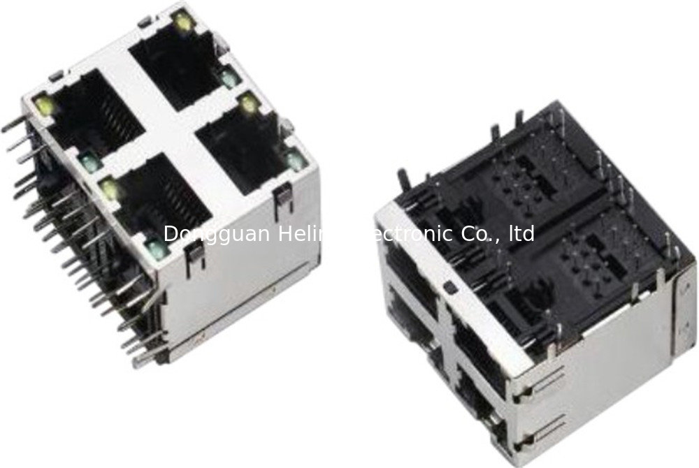 2x2 stacked Modular JackS, right angled, shielded with EMI fingers, with LEDs