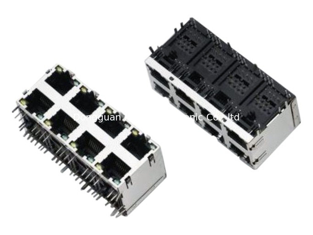 2x4 ports stacked Modular Jacks, shielded with EMI fingers, with LEDs