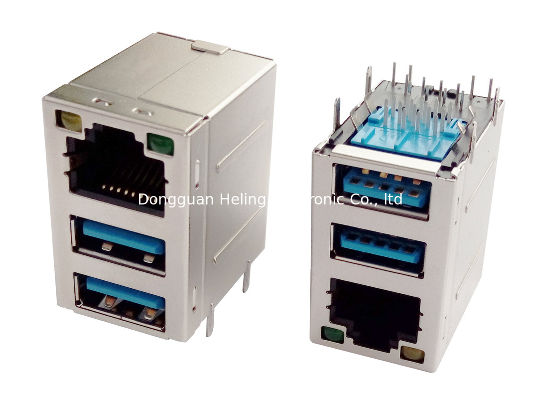 RJ45 Jack integrated with dual USB3.0, Tab-up, shielded, with LEDs