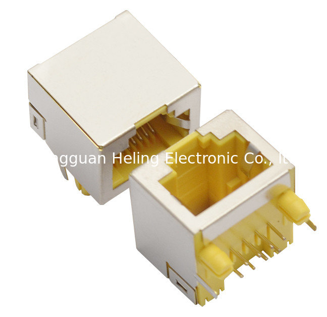 8P8C RJ45 modular Jack, Right angled, DIP, tab-up, Shielded, yellow housing