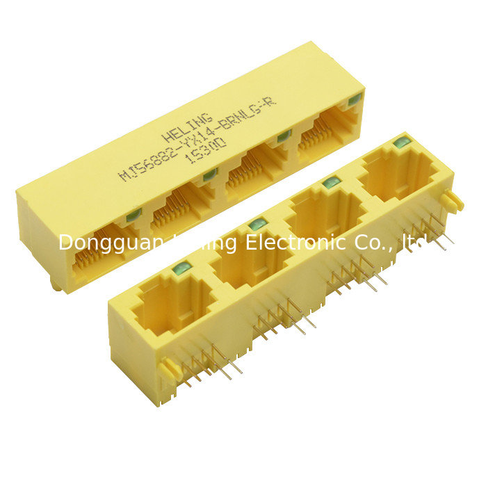 8P8C 1x4 multi port modular Jacks, RA, Tab-up, yellow housing, mini type, with LED
