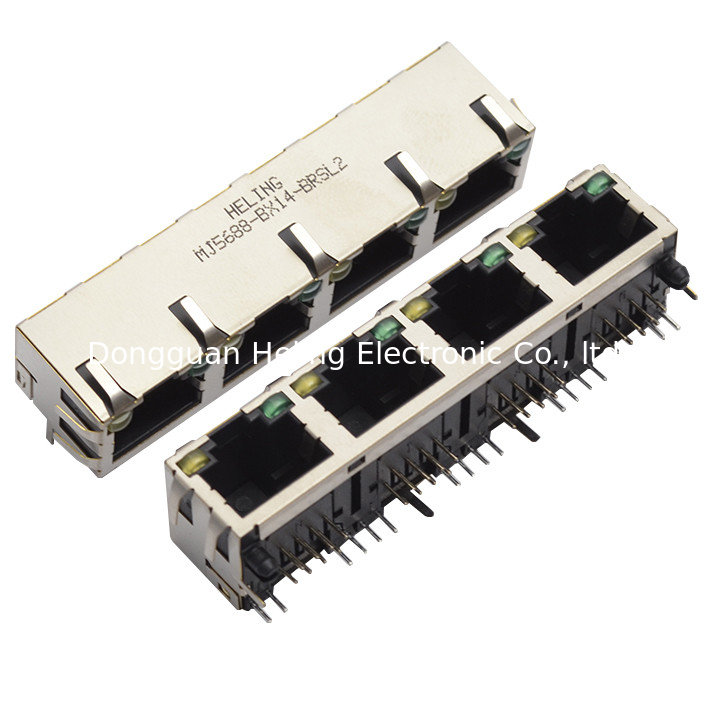 8P8C 1x4 multi port modular Jacks, RA, Tab-up,shielded with EMI fingers, with LEDs