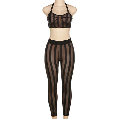 Stripe splicing Mesh yarn lace-up short top and fashion elasticity trousers two-piece custom new style Fitness & Yoga Wear