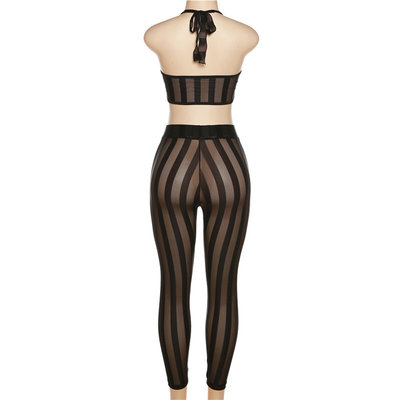 Stripe splicing Mesh yarn lace-up short top and fashion elasticity trousers two-piece custom new style Fitness & Yoga Wear