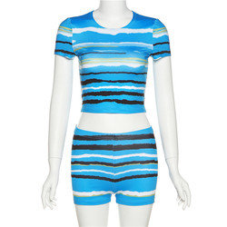 Sexy Fashion Striped Two Piece Short sleeves Crop Top  and Casual Short leggings gym wear Yoga Wear tracksuits Training Wear