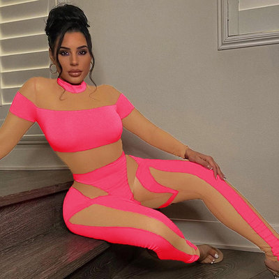 2022 new arrived Summer Sexy Mesh yarn splicing Perspective Jumpsuit Custom skinny nightclub wear Fitness & Yoga wear