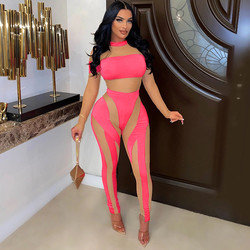 2022 new arrived Summer Sexy Mesh yarn splicing Perspective Jumpsuit Custom skinny nightclub wear Fitness & Yoga wear