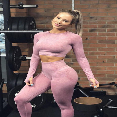 Wholesale solid color gym wear 2 Piece running high waist Sports Suit Fitness women's pants trousers in stock