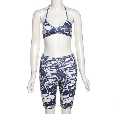Summer New Arrivals Wholesale Custom Sexy Printing Womens Beachwear 2 Piece  Halter Bra  and short trousers swimsuit