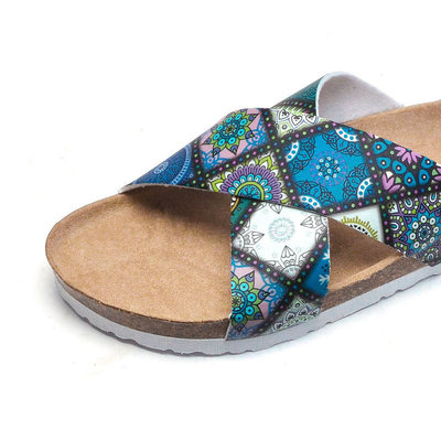 Retro Style Double Straps fashion Patterns Lady PU Shoes Cork Sole ladies beach Sandals Customized house Slippers For Women
