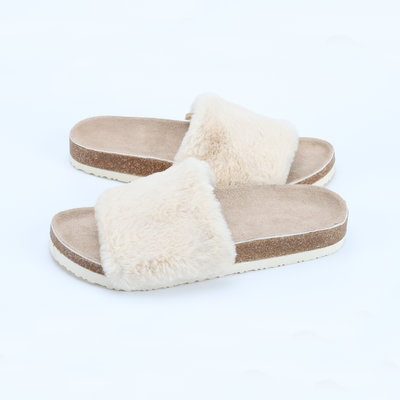 cute faux fur Upper soft wood  Sole Women Slide Sandals Soft plush Slippers
