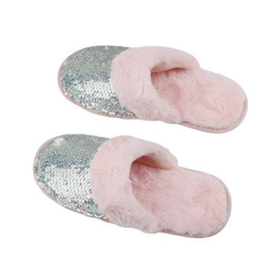 pink lovely sequin warm slippers women soft faux fur lining indoor slippers
