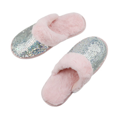 pink lovely sequin warm slippers women soft faux fur lining indoor slippers