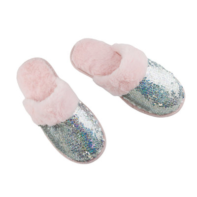 pink lovely sequin warm slippers women soft faux fur lining indoor slippers