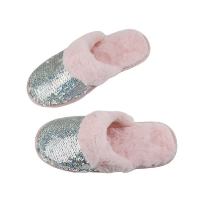 pink lovely sequin warm slippers women soft faux fur lining indoor slippers