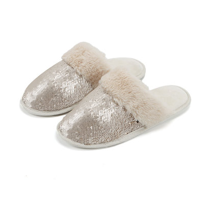 pink lovely sequin warm slippers women soft faux fur lining indoor slippers
