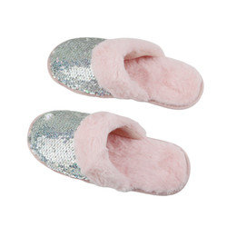 pink lovely sequin warm slippers women soft faux fur lining indoor slippers