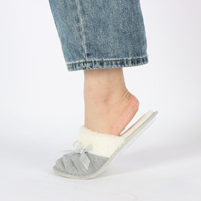 Women cozy memory foam slippers fashion bowknot Iron silver velvet house slipper for indoor or outdoor with anti slip flat sole