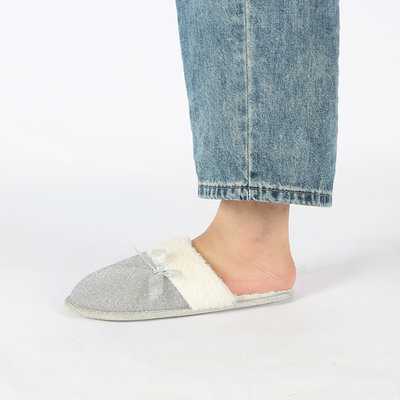 Women cozy memory foam slippers fashion bowknot Iron silver velvet house slipper for indoor or outdoor with anti slip flat sole