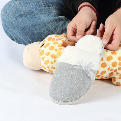 Women cozy memory foam slippers fashion bowknot Iron silver velvet house slipper for indoor or outdoor with anti slip flat sole