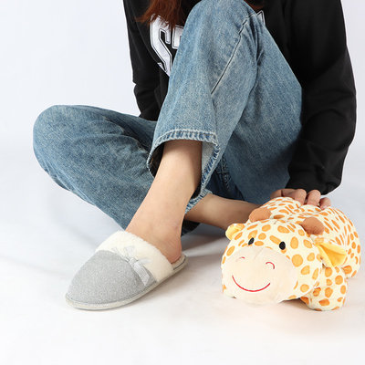Women cozy memory foam slippers fashion bowknot Iron silver velvet house slipper for indoor or outdoor with anti slip flat sole
