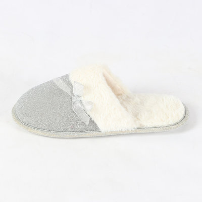 Women cozy memory foam slippers fashion bowknot Iron silver velvet house slipper for indoor or outdoor with anti slip flat sole