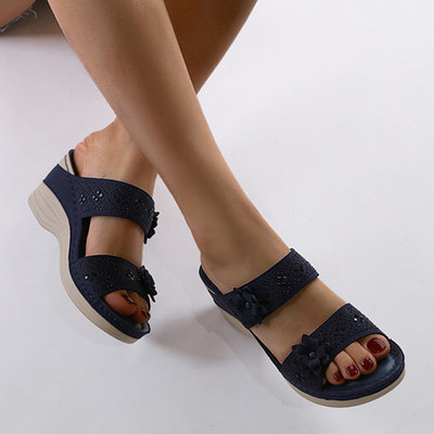 New 2022 sandals flower large size rhinestone shoes women retro style wedge heel comfortable soft slippers