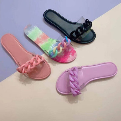Fashion Summer Women Sandals Clear upper colorful chain decoration Jelly Shoes Ladies Flat Beach light slippers