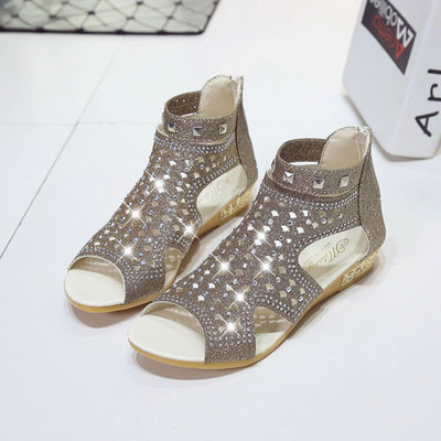 2022 Fashionable Girls Beach Wedge Sandals Roman style Shoes Women Metal hollow back zipper Rhinestone Large Size slippers