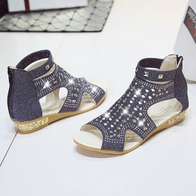 2022 Fashionable Girls Beach Wedge Sandals Roman style Shoes Women Metal hollow back zipper Rhinestone Large Size slippers