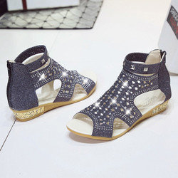 2022 Fashionable Girls Beach Wedge Sandals Roman style Shoes Women Metal hollow back zipper Rhinestone Large Size slippers