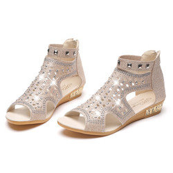 2022 Fashionable Girls Beach Wedge Sandals Roman style Shoes Women Metal hollow back zipper Rhinestone Large Size slippers