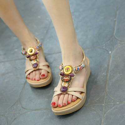Platform Wedges Ladies Sandals Women  Fashion Design Vintage Beaded Ladies Sandals