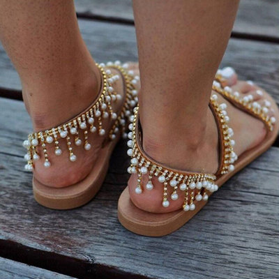 New design summer pearl upper Roman style flip flops fashion ladies slippers beach casual shoes for women flat sandals