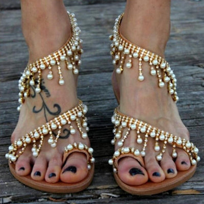 New design summer pearl upper Roman style flip flops fashion ladies slippers beach casual shoes for women flat sandals
