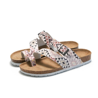 Summer women geometry pattern cork flat sandals beach ladies shoes casual slides outdoor Flip-Flops Slippers