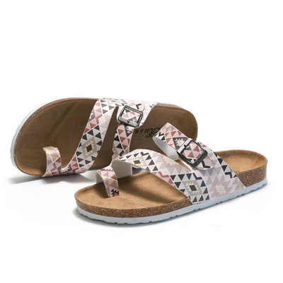 Summer women geometry pattern cork flat sandals beach ladies shoes casual slides outdoor Flip-Flops Slippers