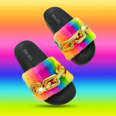 Summer sandals women hot selling indoor and outdoor shoes Rainbow Plush Chain thick sole slide slippers wholesale