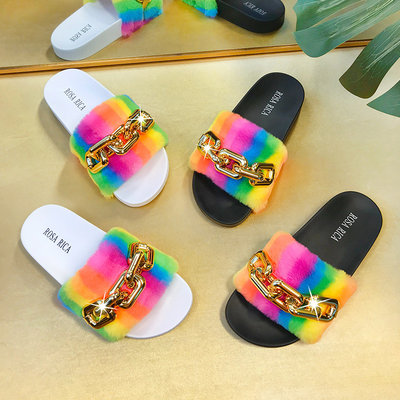 Summer sandals women hot selling indoor and outdoor shoes Rainbow Plush Chain thick sole slide slippers wholesale