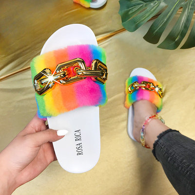 Summer sandals women hot selling indoor and outdoor shoes Rainbow Plush Chain thick sole slide slippers wholesale