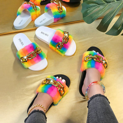 Summer sandals women hot selling indoor and outdoor shoes Rainbow Plush Chain thick sole slide slippers wholesale