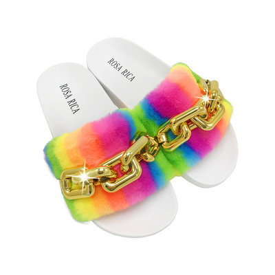 Summer sandals women hot selling indoor and outdoor shoes Rainbow Plush Chain thick sole slide slippers wholesale