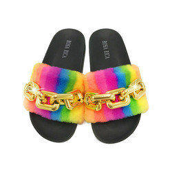 Summer sandals women hot selling indoor and outdoor shoes Rainbow Plush Chain thick sole slide slippers wholesale