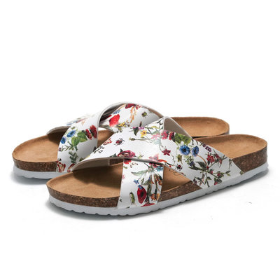 Slippers hot sale cork beach shoes leather pattern upper lightweight non-slip flat summer women floral sandals